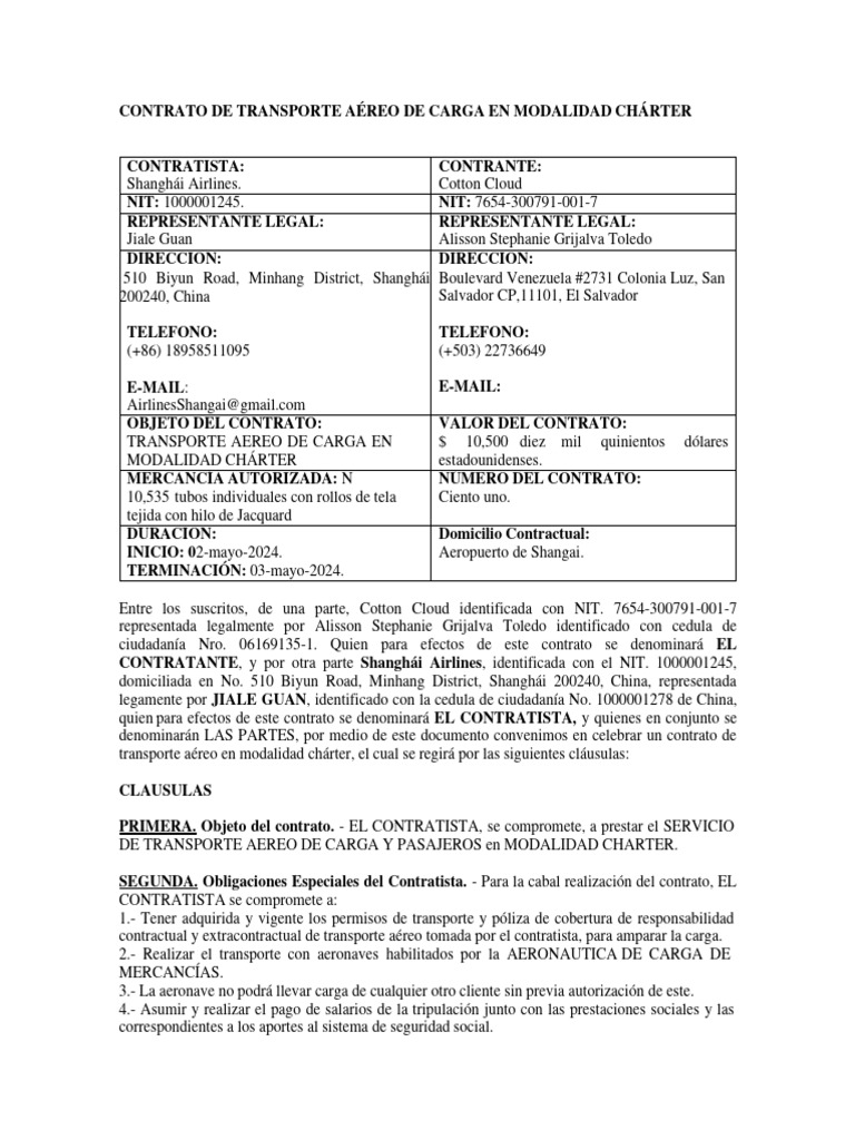 Contrato de Charter Aéreo para Carga | PDF | Daños y perjuicios ...