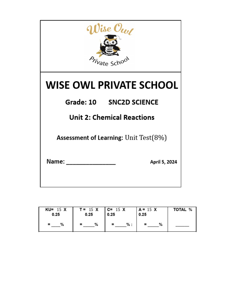 U2 AOL Unit Test Chemical Reaction | PDF | Hydroxide | Chemical Reactions