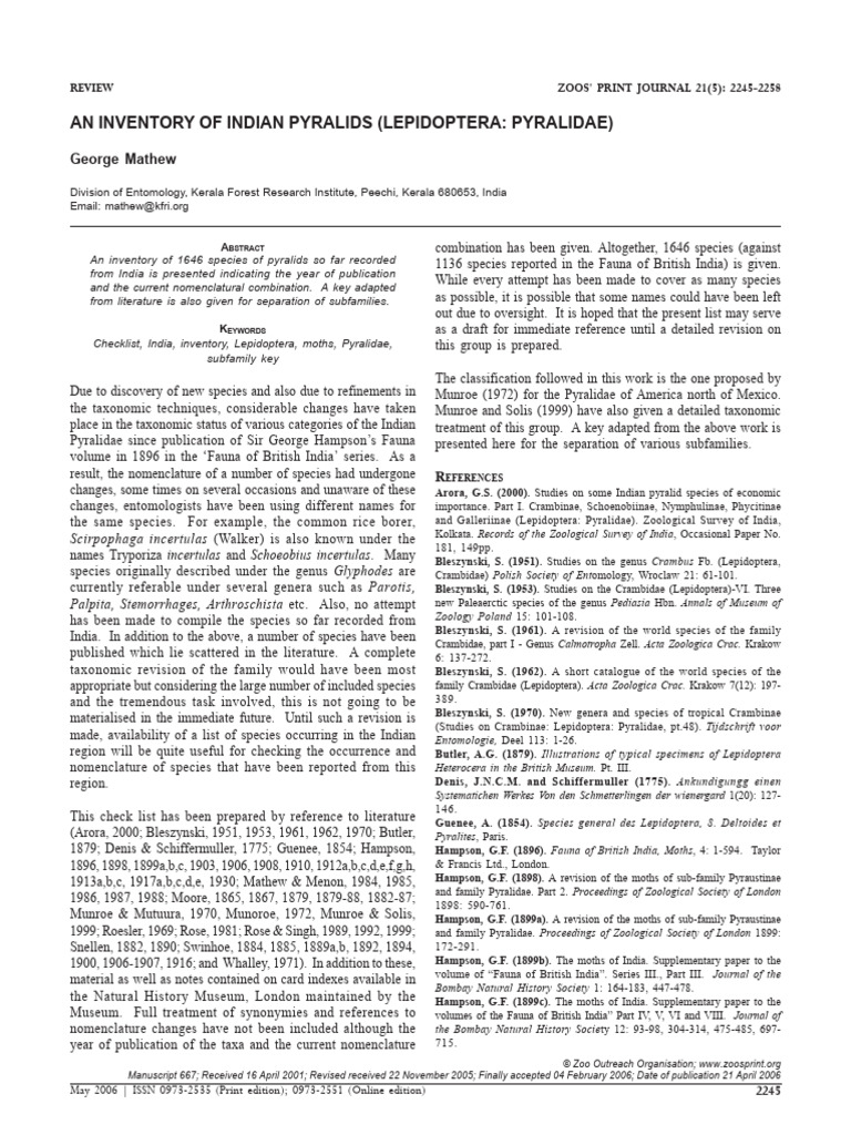 1g Checklist of Indian Pyralidae Species With A Key To Subfamilies ...