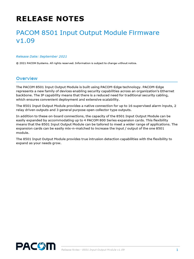 Release Notes: PACOM 8501 Input Output Module Firmware v1.09 | PDF ...