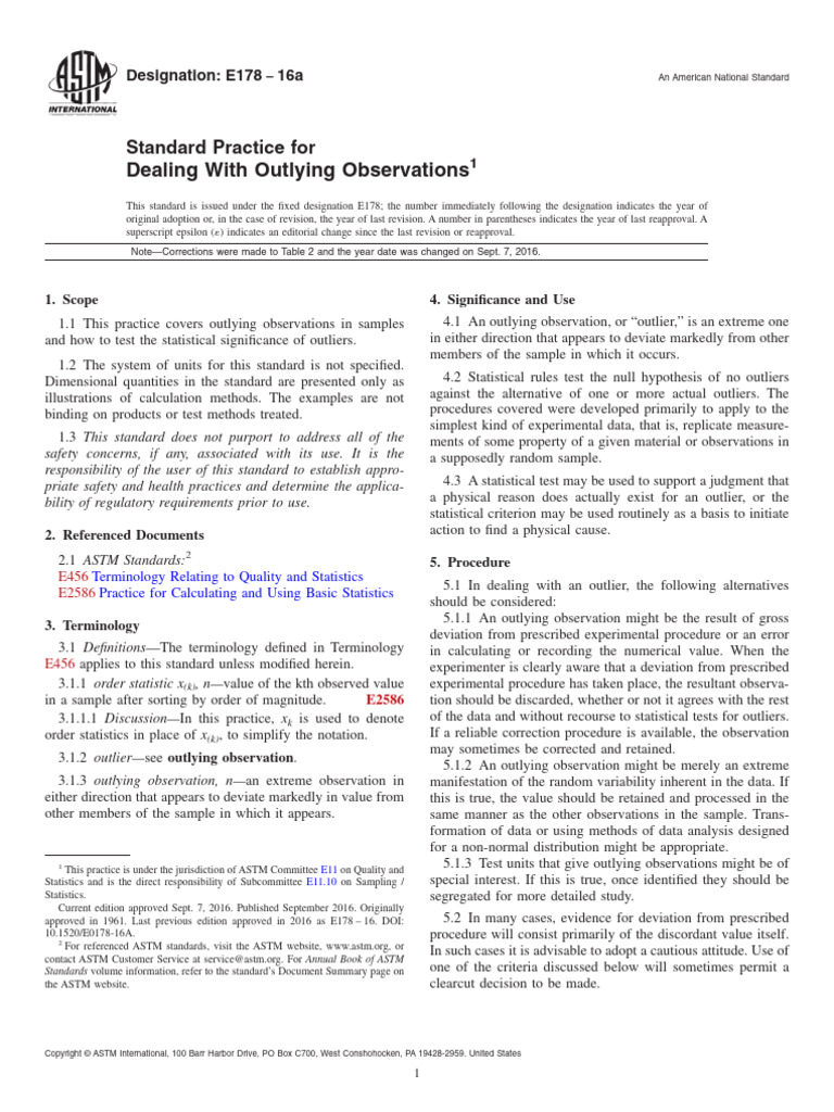 ASTM E 178 Dealing With Outlying Observations | PDF | Outlier | Statistics