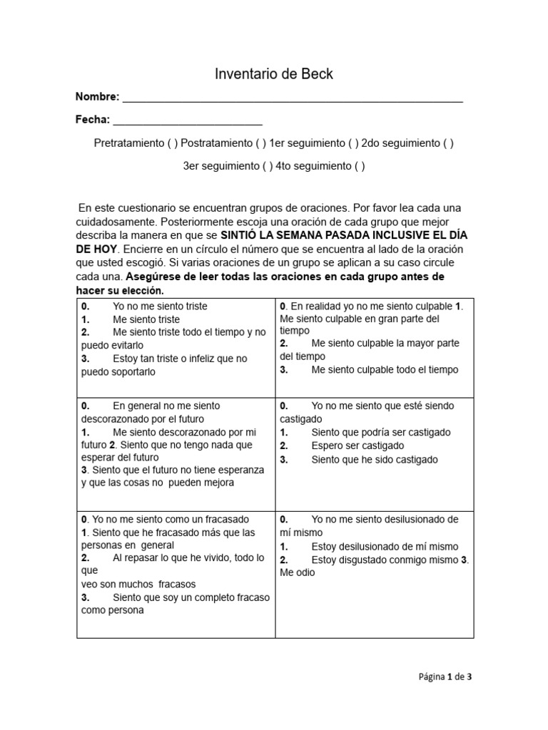 Inventario de Beck Depresion | PDF