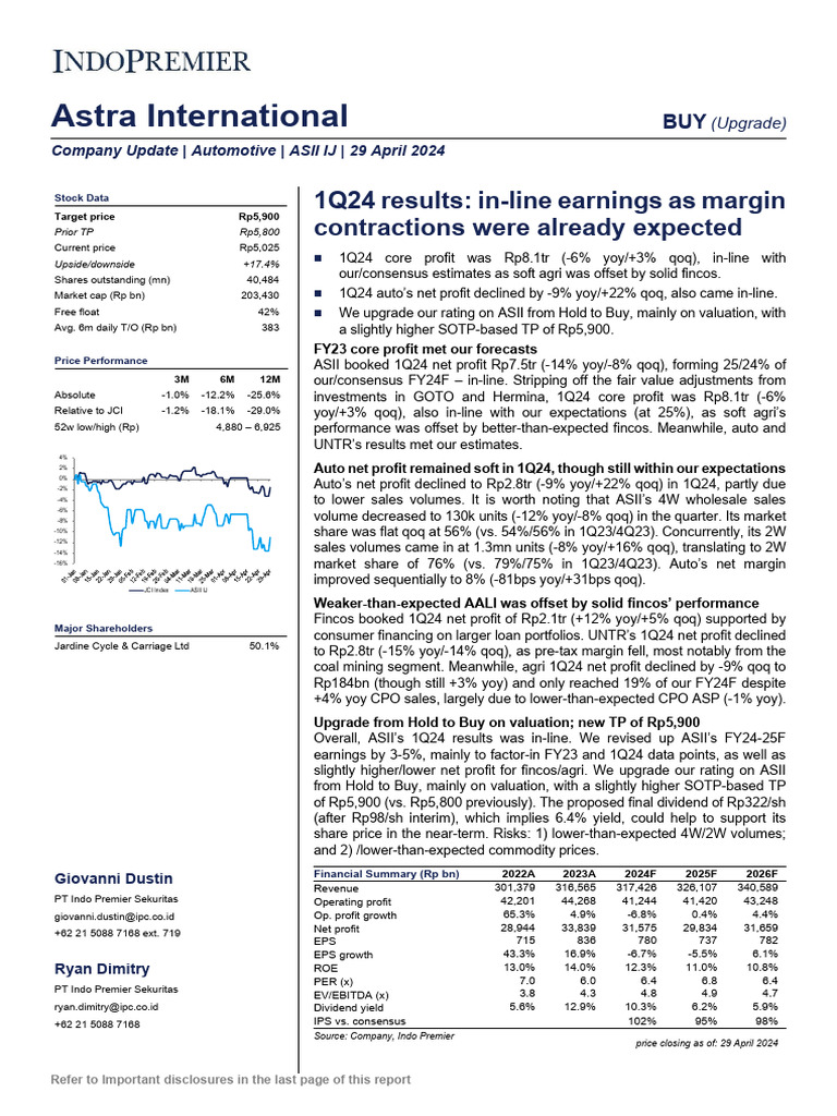 Indopremier Company Update 1Q24 ASII 29 Apr 2024 Upgrade To Buy | PDF | Investing | Retained ...