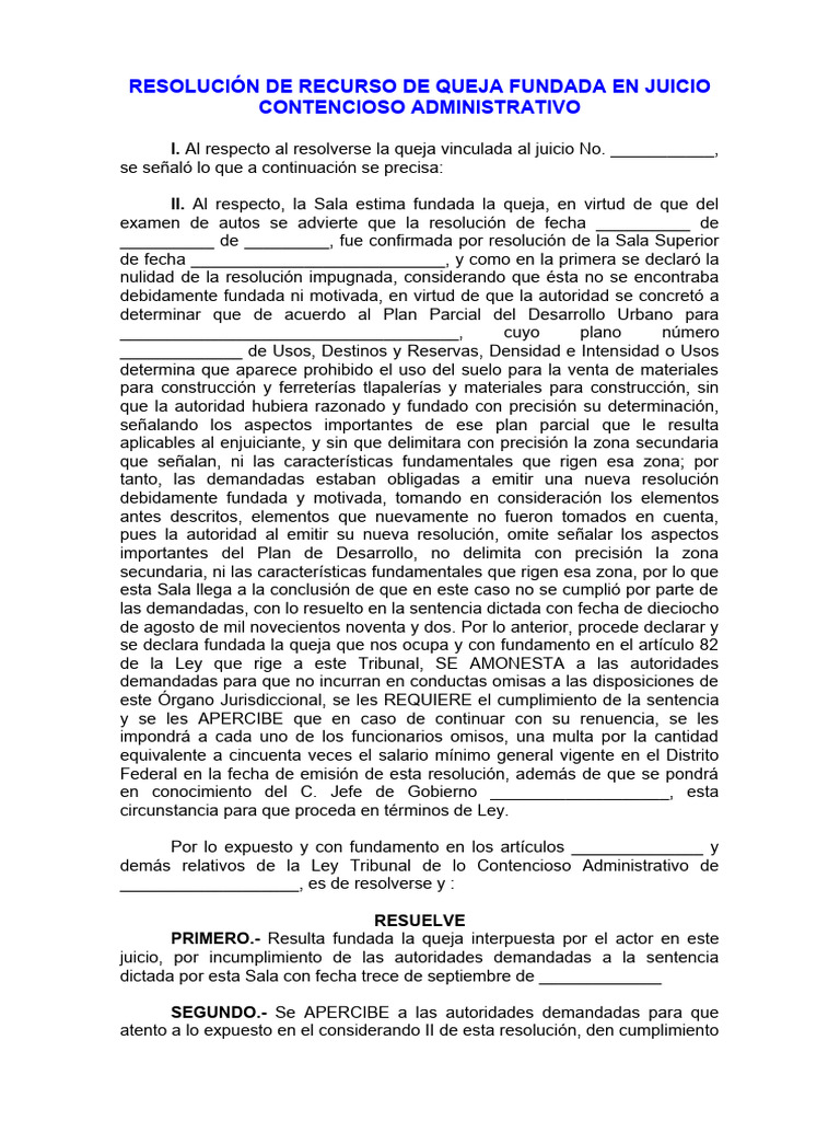 Resolución de Recurso de Queja Fundada en Juicio Contencioso Administrativo | PDF | Sentencia ...