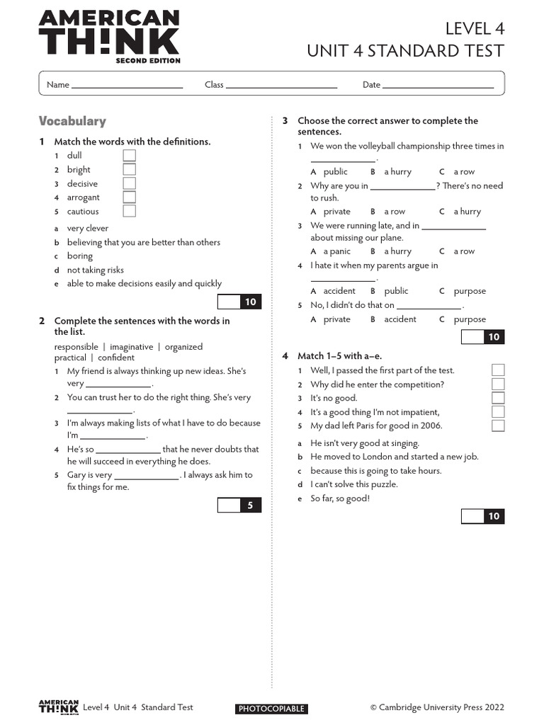 Thk2e AmE L4 Unit Test Standard 4 | PDF