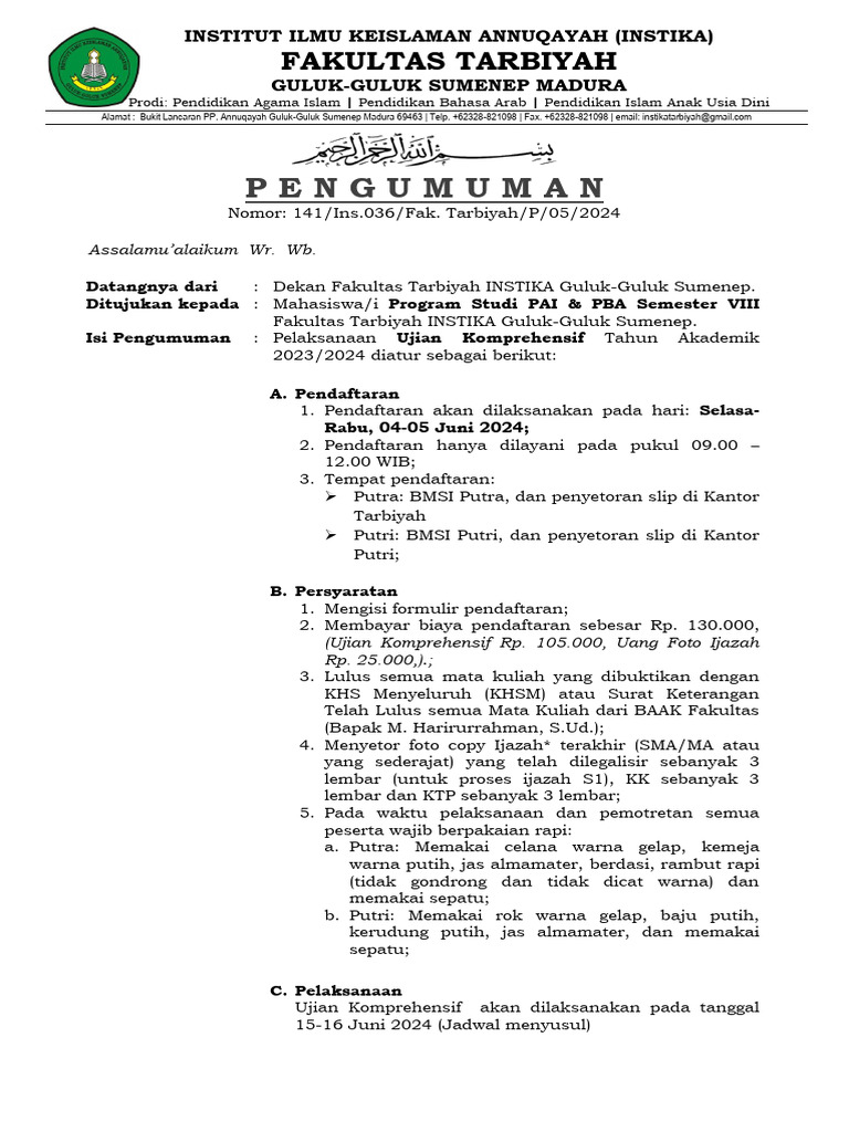 141 Pengumuman Ujian Komprehensif PAI Dan PBA 2024 | PDF