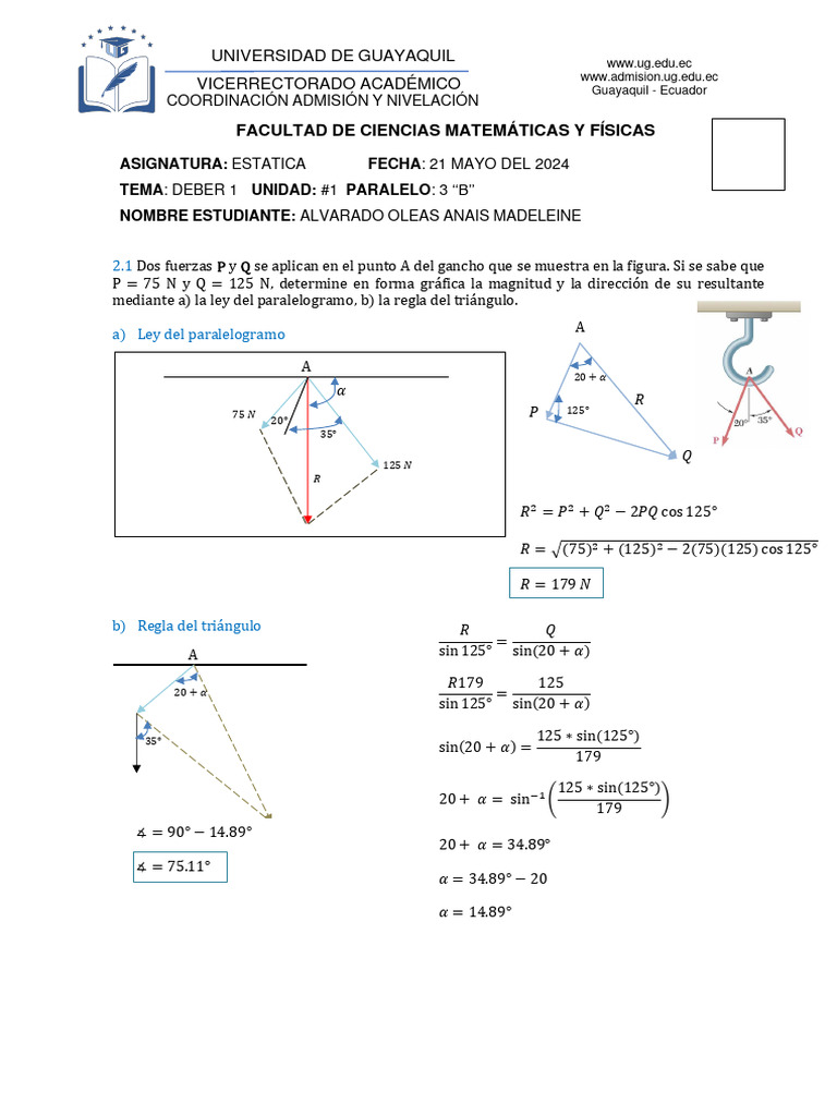 Deber #1 Estatica_Anais Alvarado Oleas | PDF | Geometria clasica | Matemática Elemental