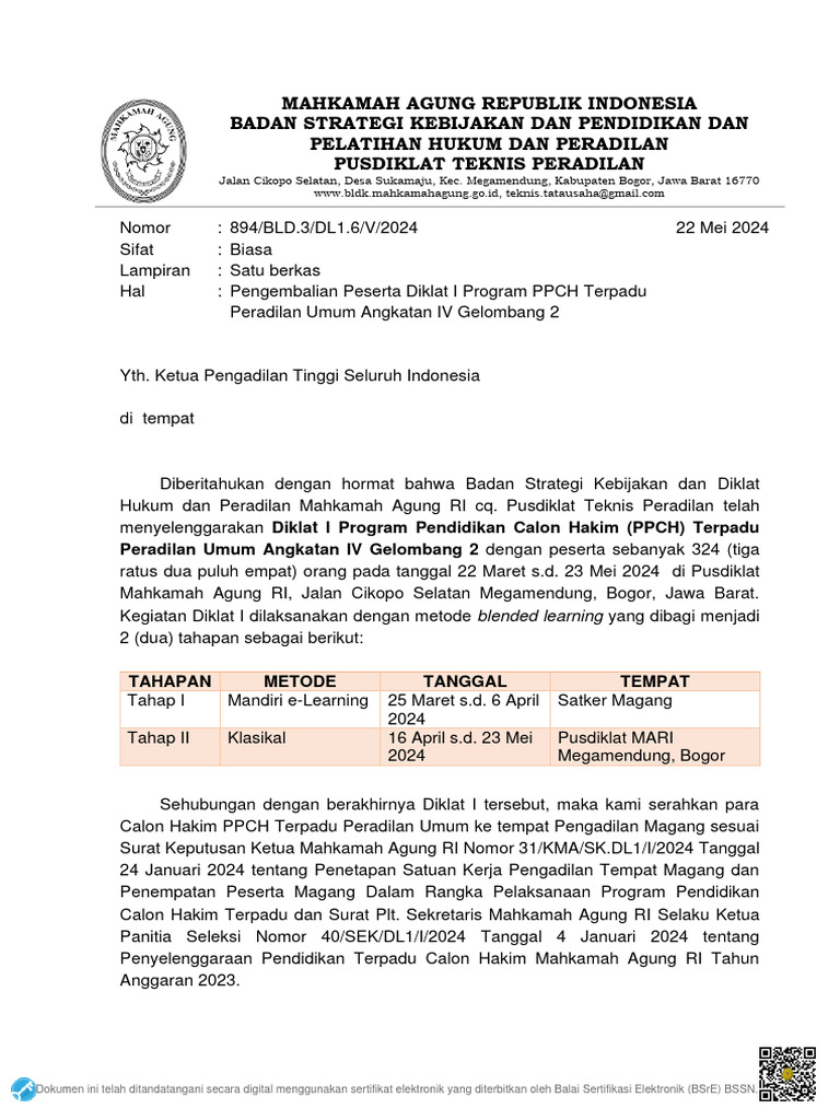 894-BLD.3-Pemulangan Peserta Diklat 1 Gel. 2 - PPCH Umum 2024 | PDF
