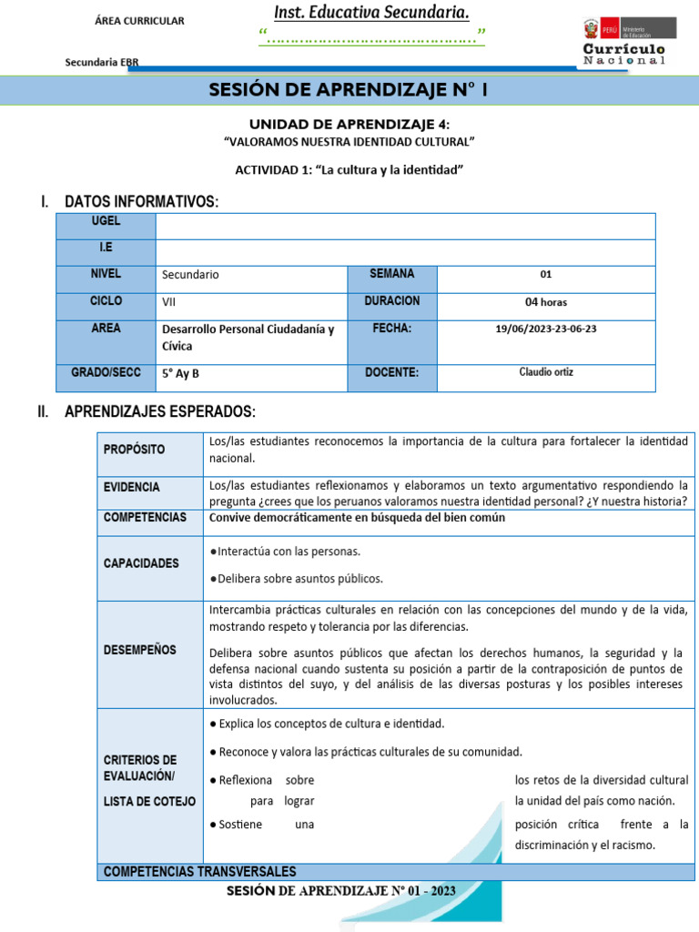 5º DPCC - Ses 1 Uni 4 - Sem 01 | PDF | Aprendizaje | Maestros