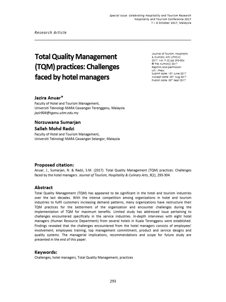 Total Quality Management Practices - Challenges Faced by Hotels | PDF ...