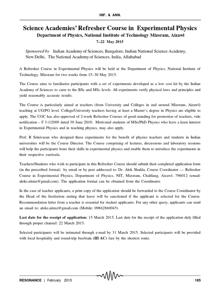 Science Academies' Refresher Course in Experimental Physics | PDF | Physics | Science