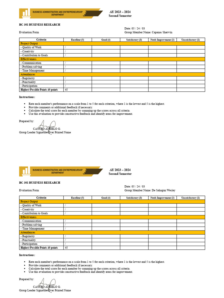 BC 301 Evaluation Form | PDF | Cognition
