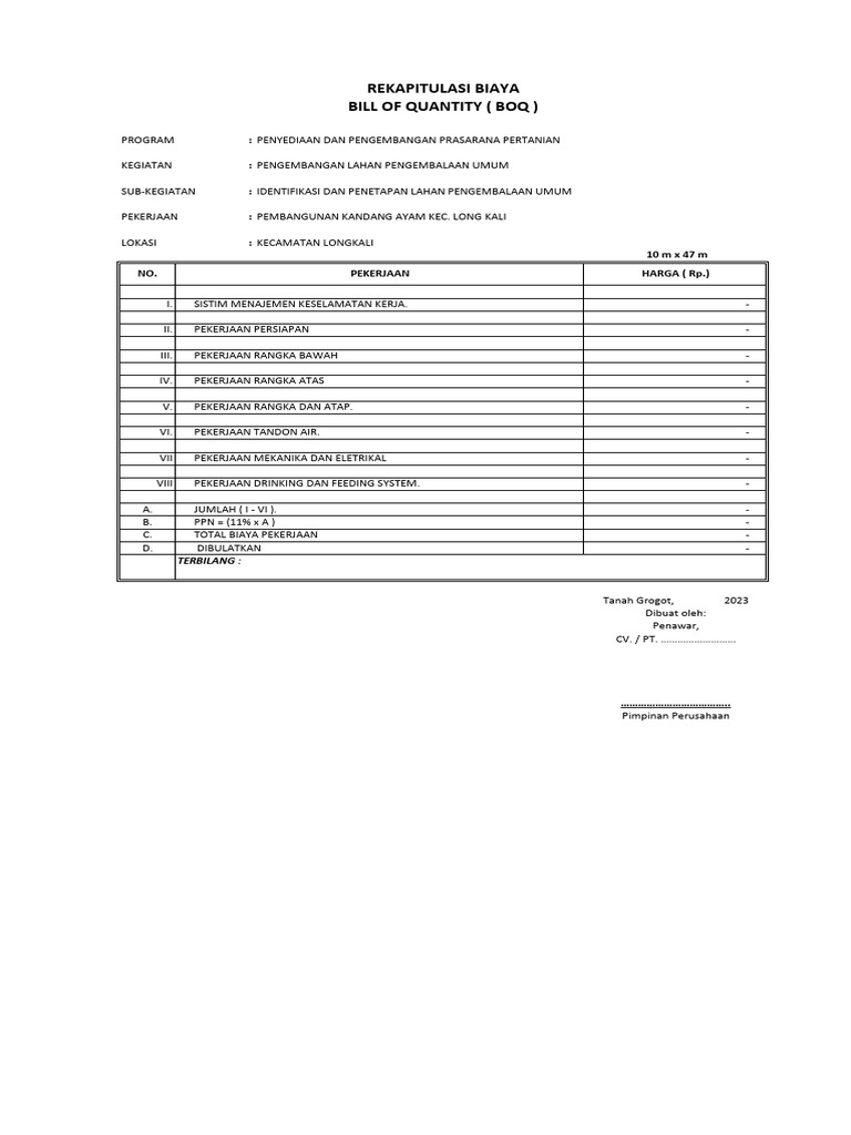 BOQ REVISI Rab. Kandang Ayam Longkali Kayu Alternatif Dinas | PDF