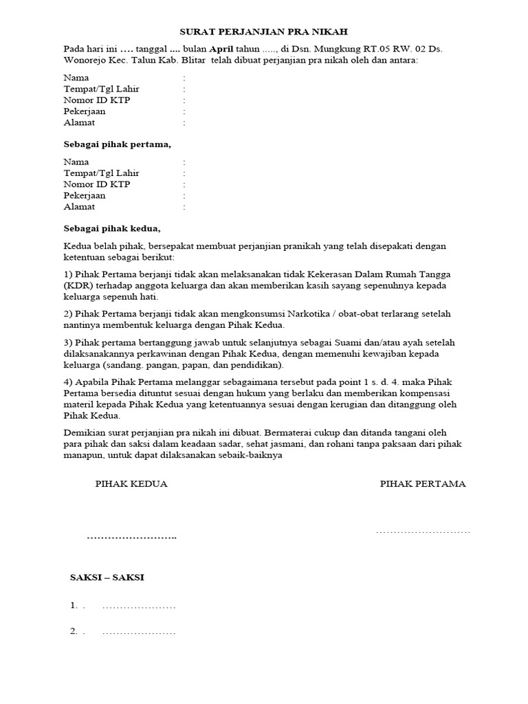 Contoh Surat Perjanjian Pra Nikah | PDF