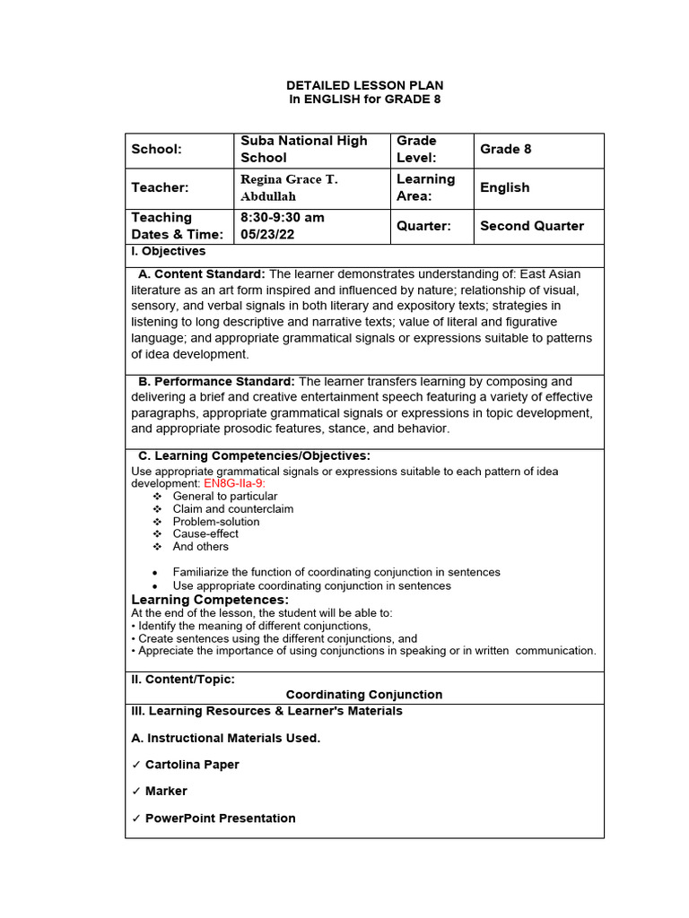 DETAILED LESSON PLAN in ENGLISH | PDF | Linguistics | Language Mechanics