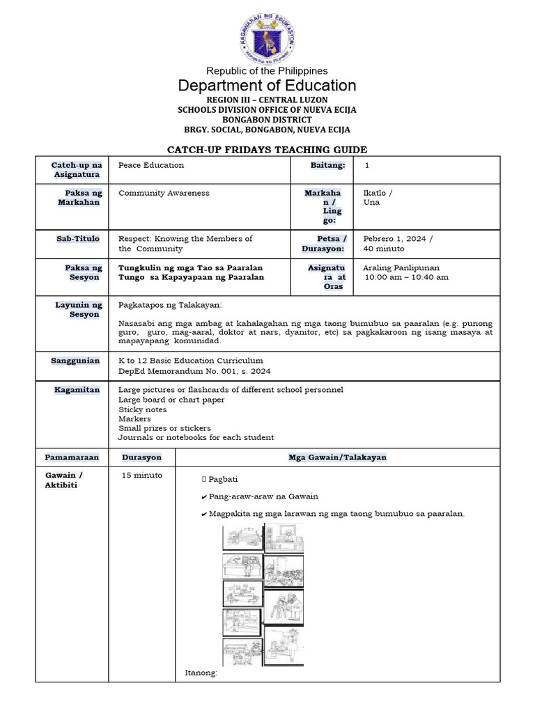 Catch-Up Fridays - Peace Education DLP Sample & Template | PDF