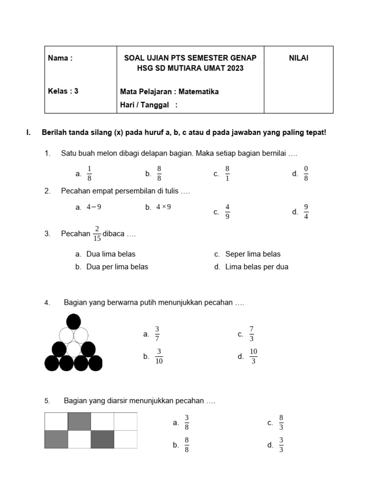 PTS Genap Mutu Kelas 3 Math | PDF