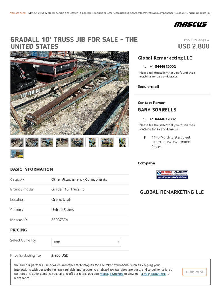 Gradall 10' Truss Jib, 84057 - BR - Orem - BR - Utah - BR - United ...
