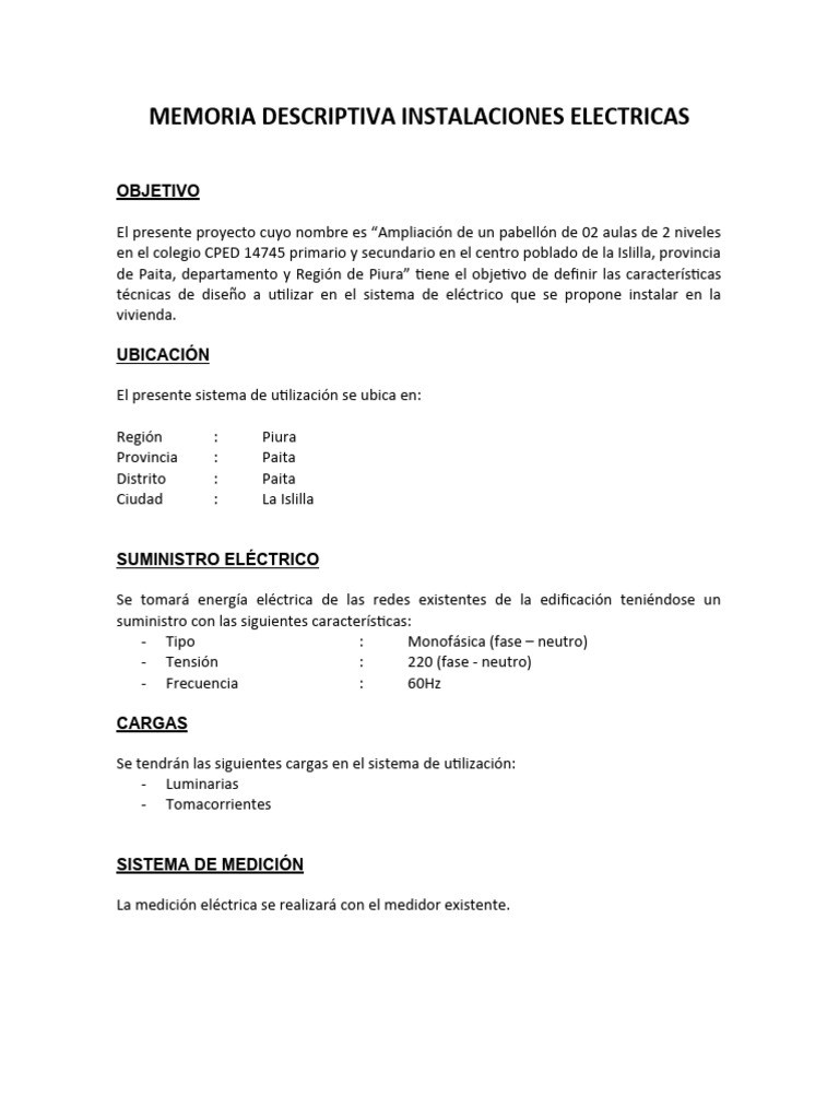 Memoria Descriptiva Instalaciones Electricas | PDF | Cantidades fisicas | Electromagnetismo