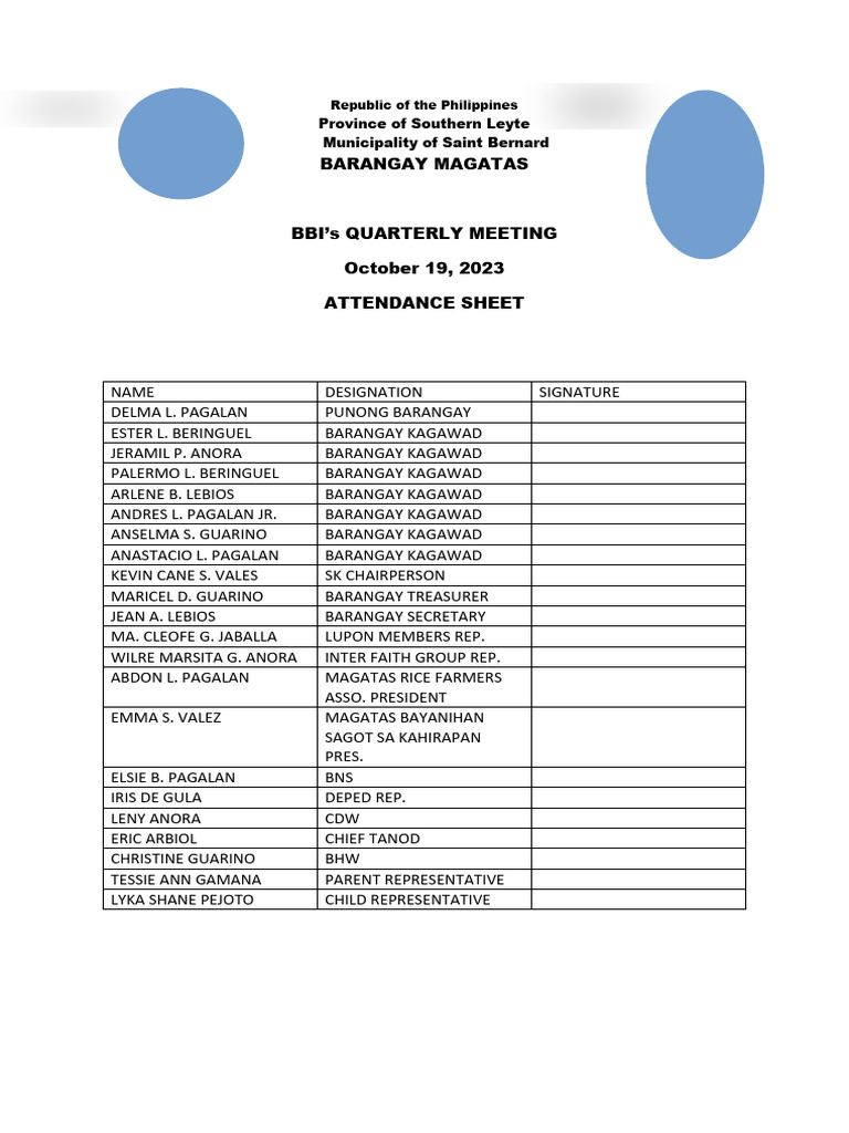 Attendance Sheet Bbis Meeting | PDF | Philippines