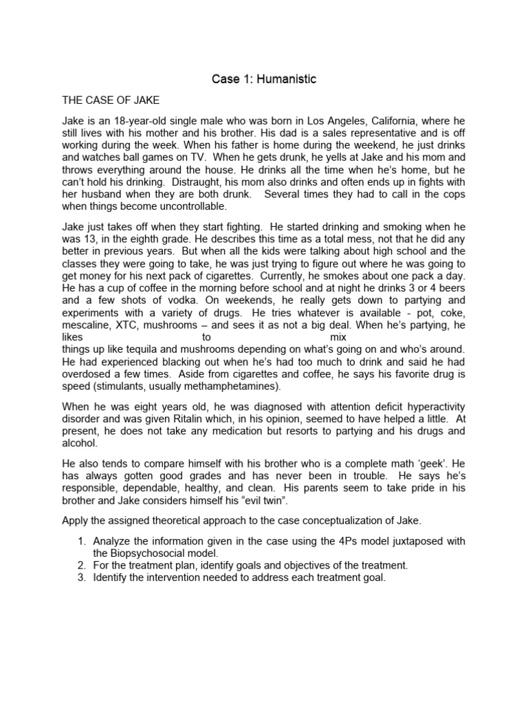Case of Jake (Humanistic Approach) | PDF | Psychotherapy | Substance Abuse