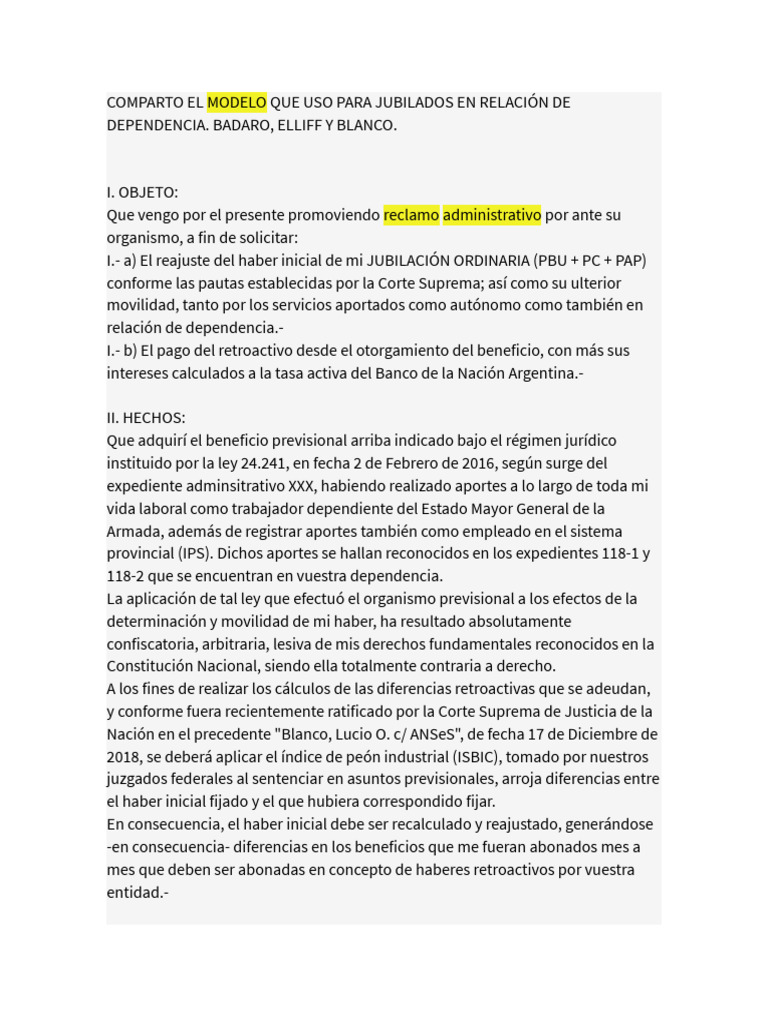 Reajuste de Jubilación: Modelo Badaro-Elliff-Blanco | PDF | Caso de ley ...