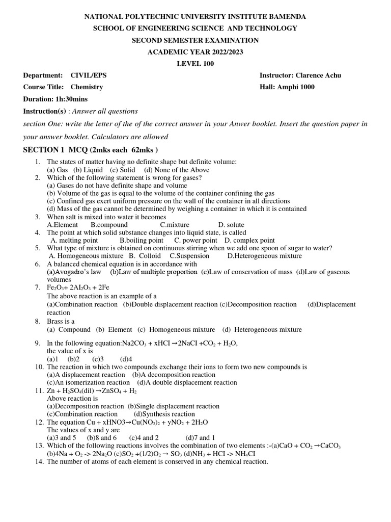 CHEMISTRY Civil and Eps L100 Exams 2023 Set 2 Final | PDF | Gases ...