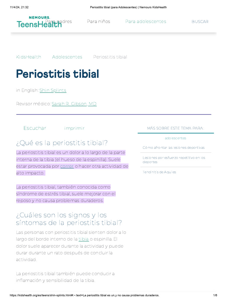 Periostitis Tibial (Para Adolescentes) - Nemours KidsHealth | PDF ...