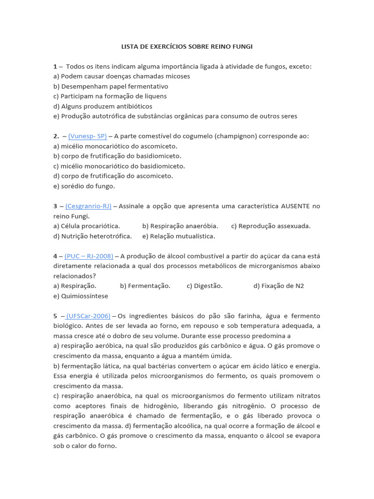 Exercícios sobre Reino Fungi para 7º Ano | PDF | Fungo | Fermento