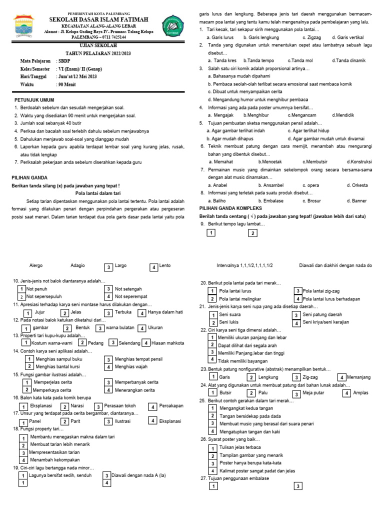 Soal Ujian SBDP Kelas 6 Semester 2 | PDF | Seni