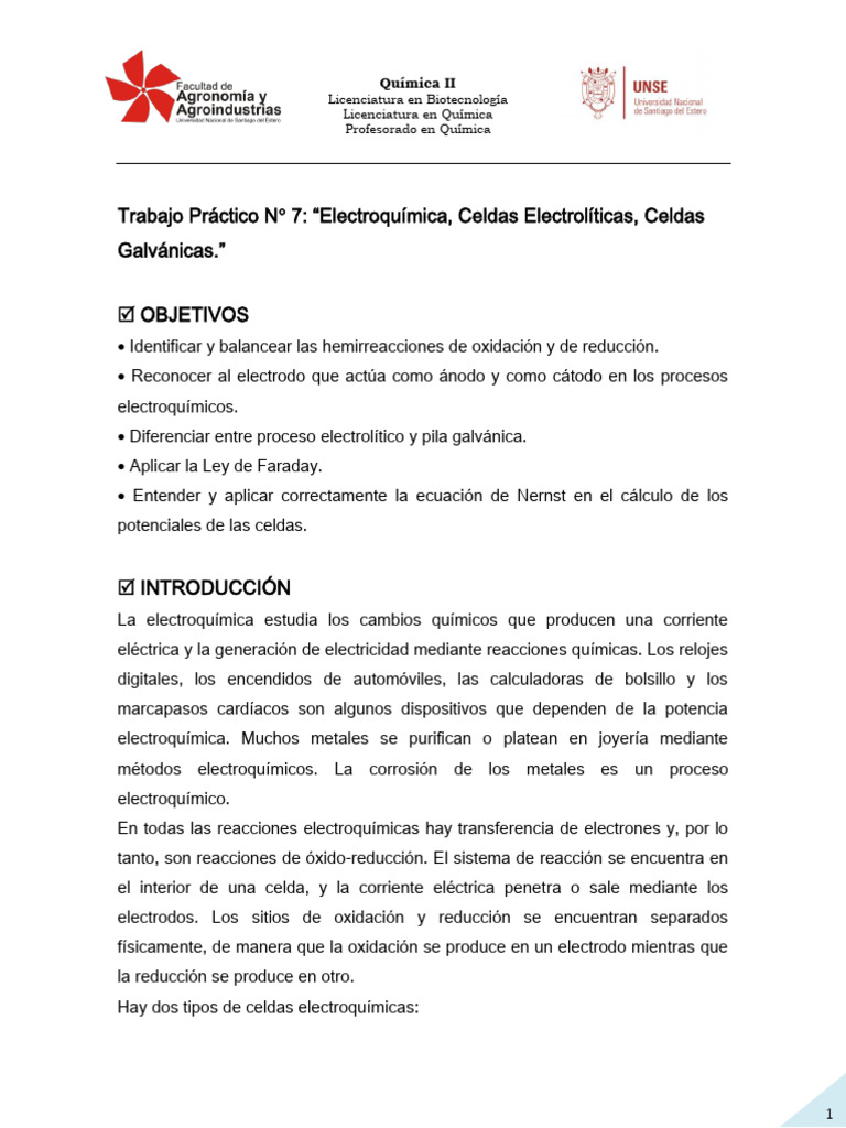 TPL Nº7 - Electroquímica, Celdas Electrolíticas, Celdas Galvánicas | PDF | Electroquímica | Redox