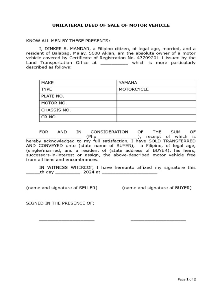 Unilateral Deed of Sale of Motor Vehicle | PDF