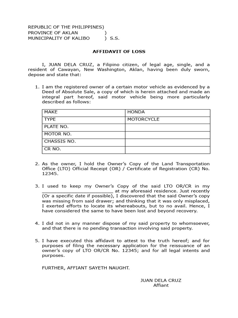 AFFIDAVIT OF LOSS - Motor Vehicle OR CR | PDF
