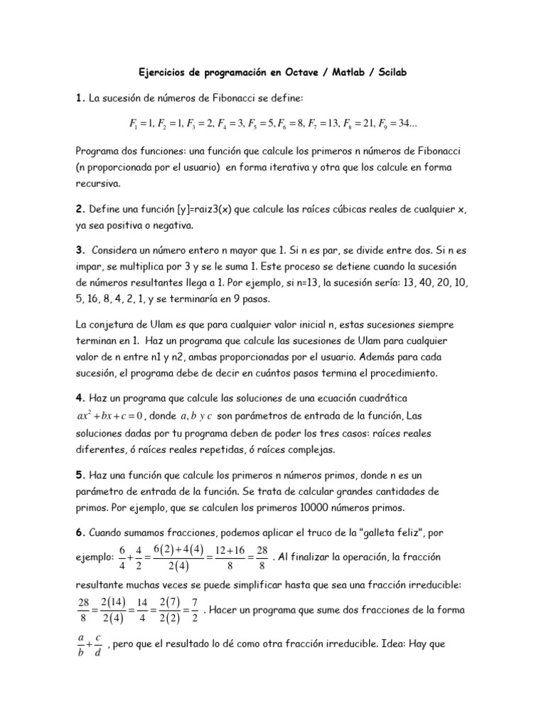 Ejercicios de Programación en Octave | PDF | Matemática Elemental | Matemáticas