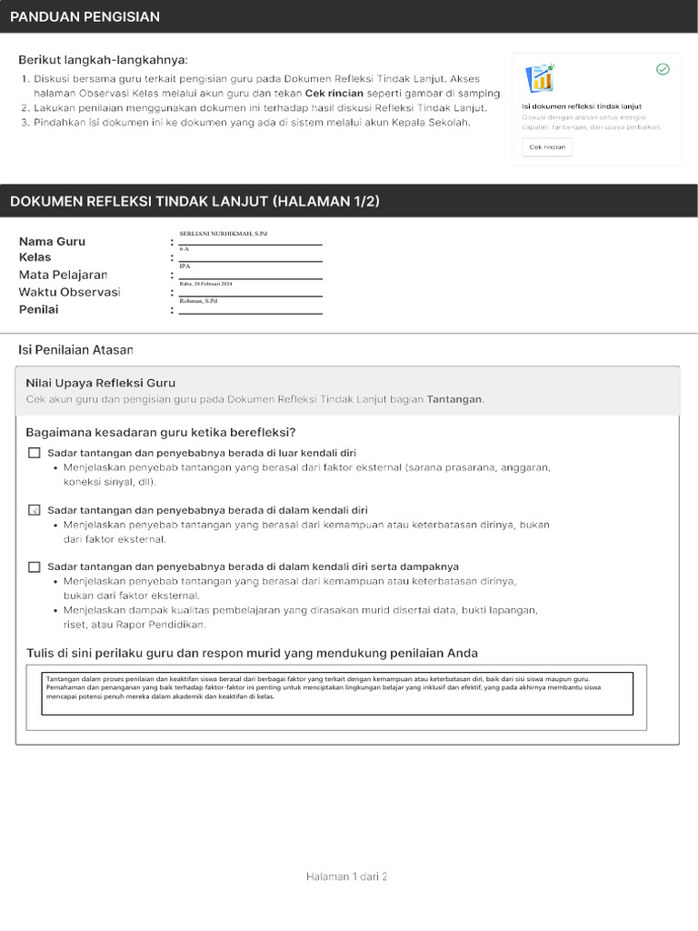 Nilai Refleksi Tindak Lanjut Serli | PDF