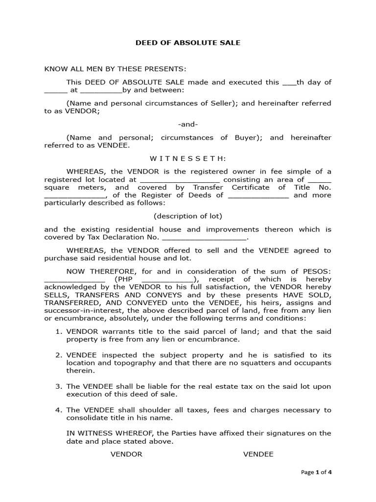 Deed of Absolute Sale - Registered Lot | Download Free PDF | Deed ... Deed of Absolute Sale - Registered Lot | Download Free PDF | Deed ...