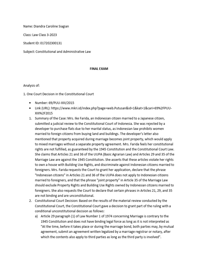 Diandra Caroline Siagian - Constitutional and Administrative Law Final Exam | PDF | Marriage ...