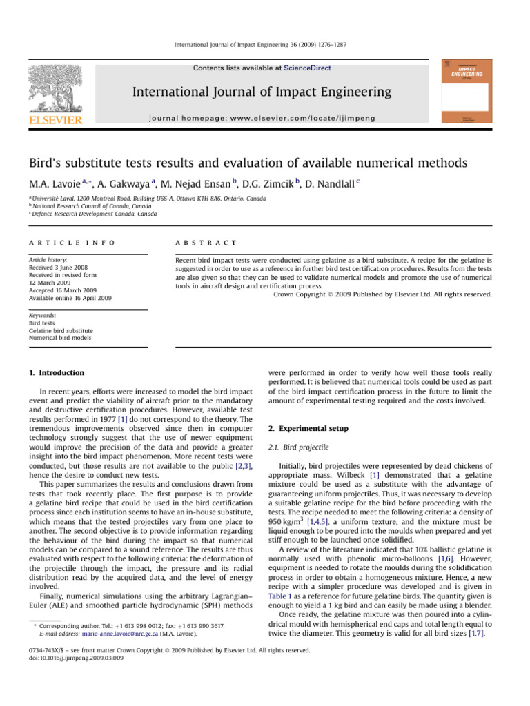 Bird's Substitute Tests Results and Evaluation of Available Numerical ...