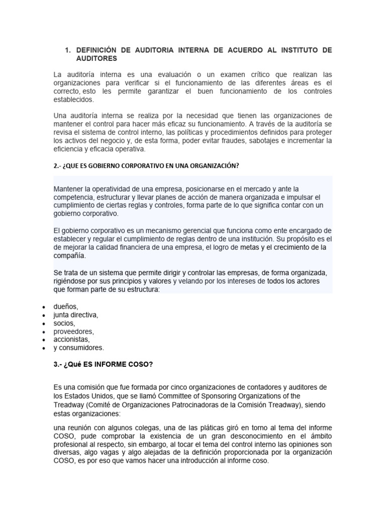 Definición de Auditoria Interna de Acuerdo Al Instituto de Auditores ...