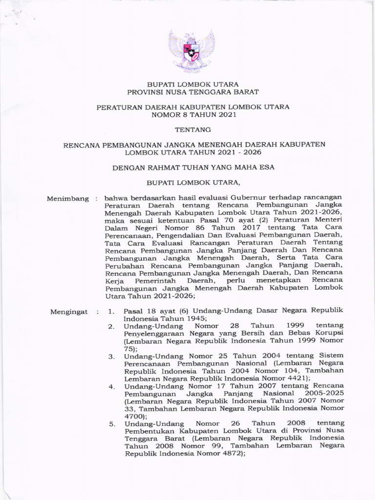 Perda No 8 THN 2021 TTG Rencana Pembangunan Jangka Menengah Daerah Kabupaten Lombok Utara Tahun ...