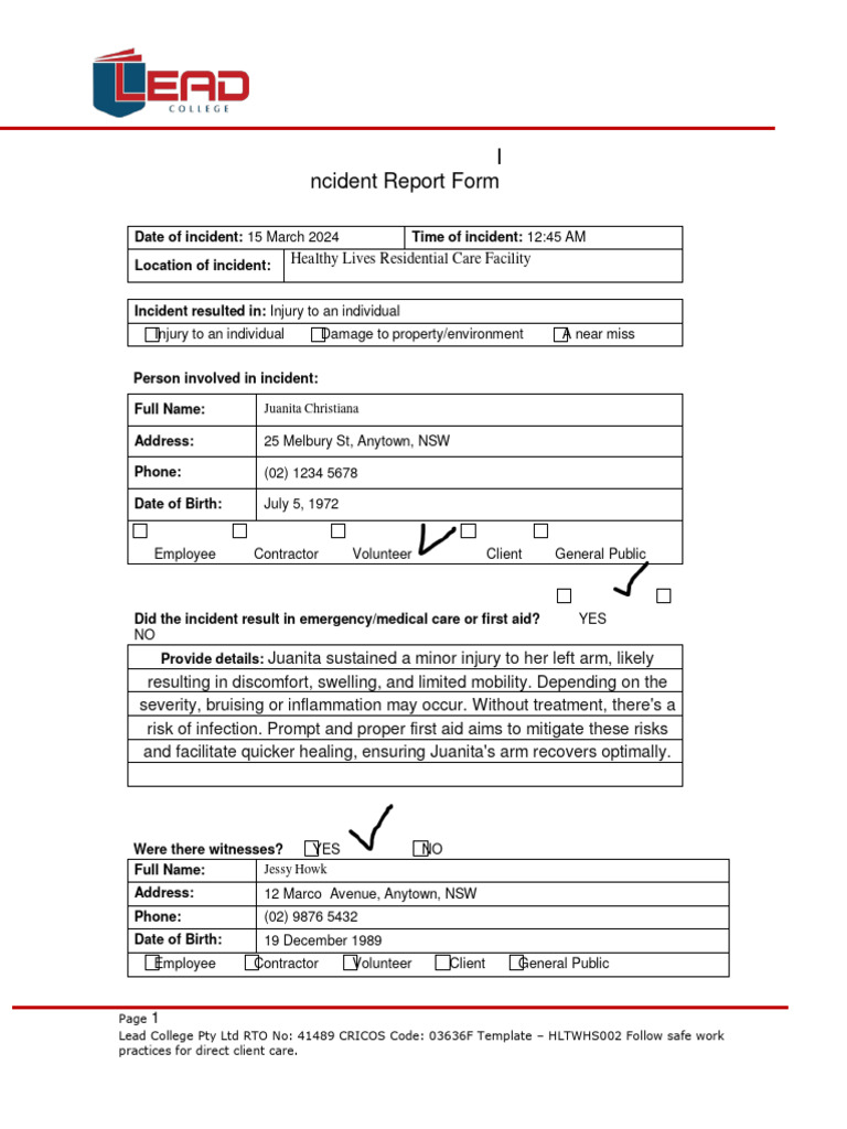 HLTWHS002 Incident Report Form Template 1 | PDF | Health Sciences ...