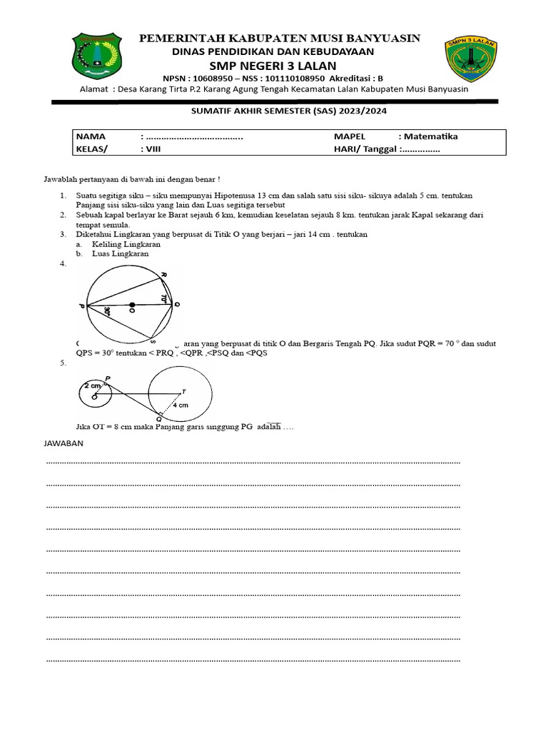 Soal MTK Kelas VIII Genap 2023-2024 | PDF