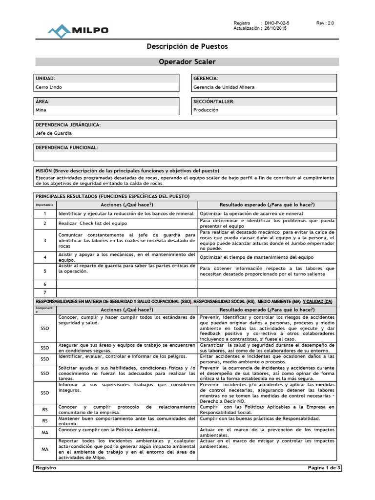 Descripción del Puesto: Operador Scaler | PDF | Seguridad y salud ...