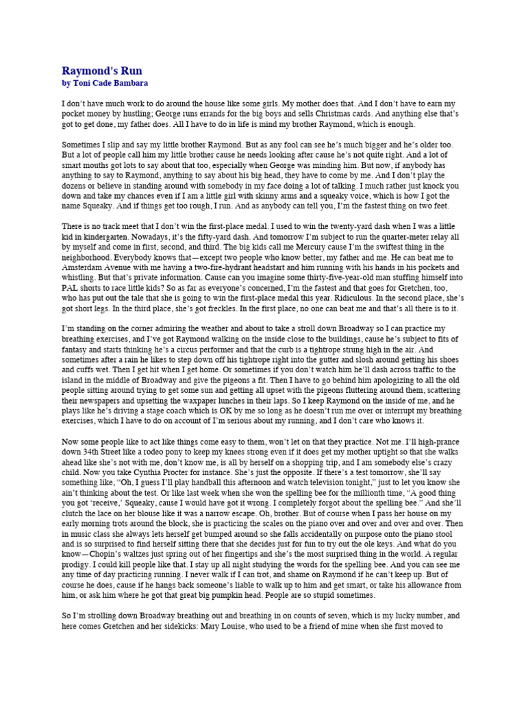 Raymond's Run by Toni Cade Bambara | PDF | Art | Mystery, Thriller ...