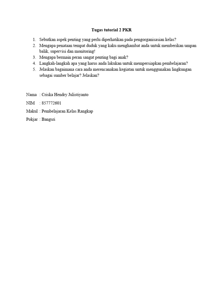 Criska Hendry J - 857772601 - Soal Tugas Tutorial 2 PKR | PDF | Karier & Perkembangan | Sains ...