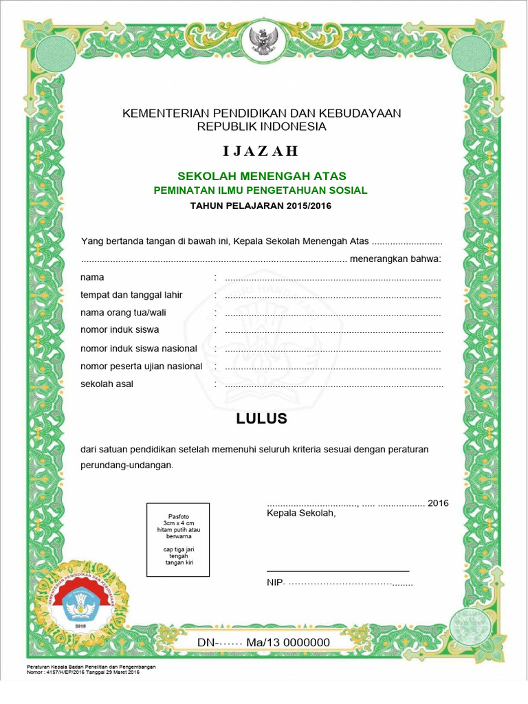 IJAZAH SMA 2015-2016 | PDF