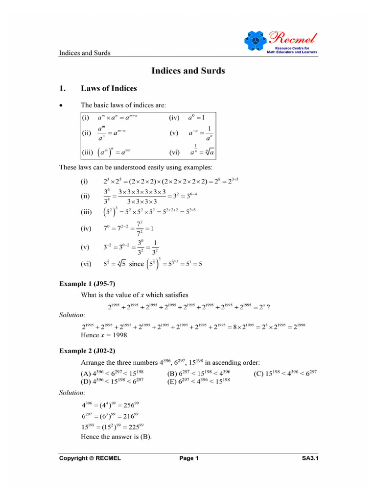 SA3.1 - Indices and Surds - S | PDF