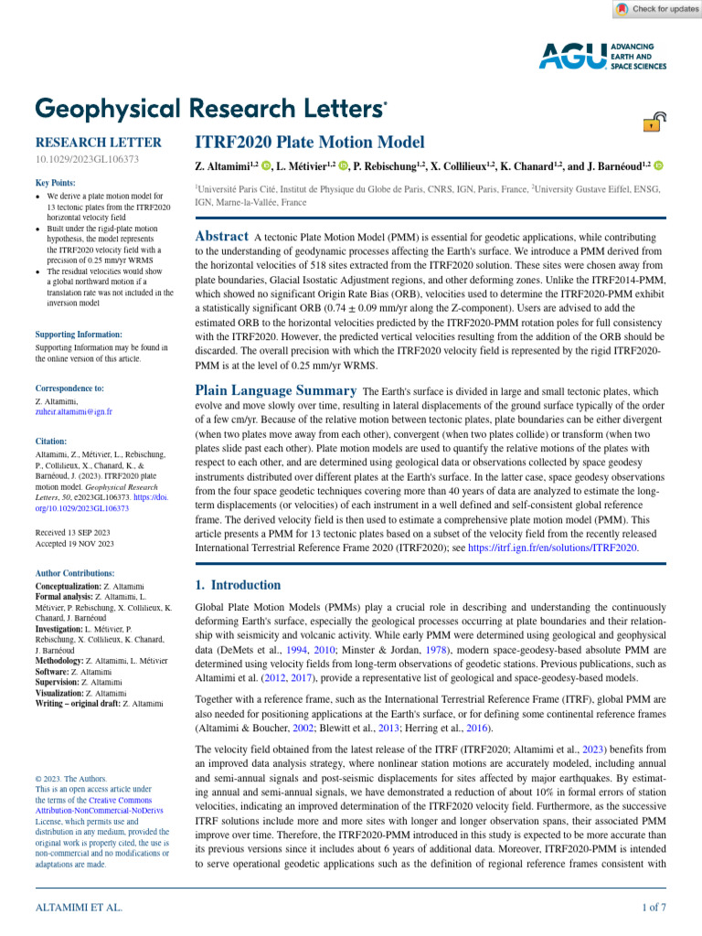 Geophysical Research Letters - 2023 - Altamimi - ITRF2020 Plate Motion ...