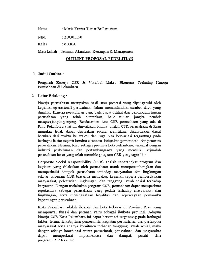 Outline Proposal Seminar - Maria Yunita Tianar BR Panjaitan - 210301150 | PDF
