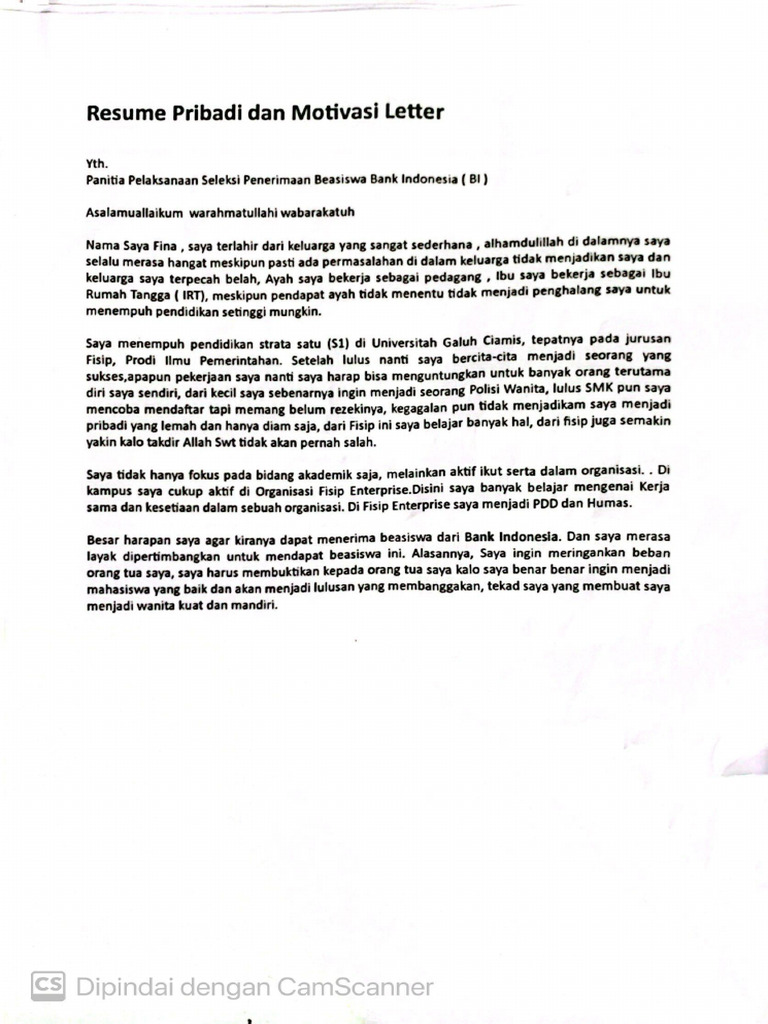 Resume Pribadi Dan Motivasi Letter | PDF